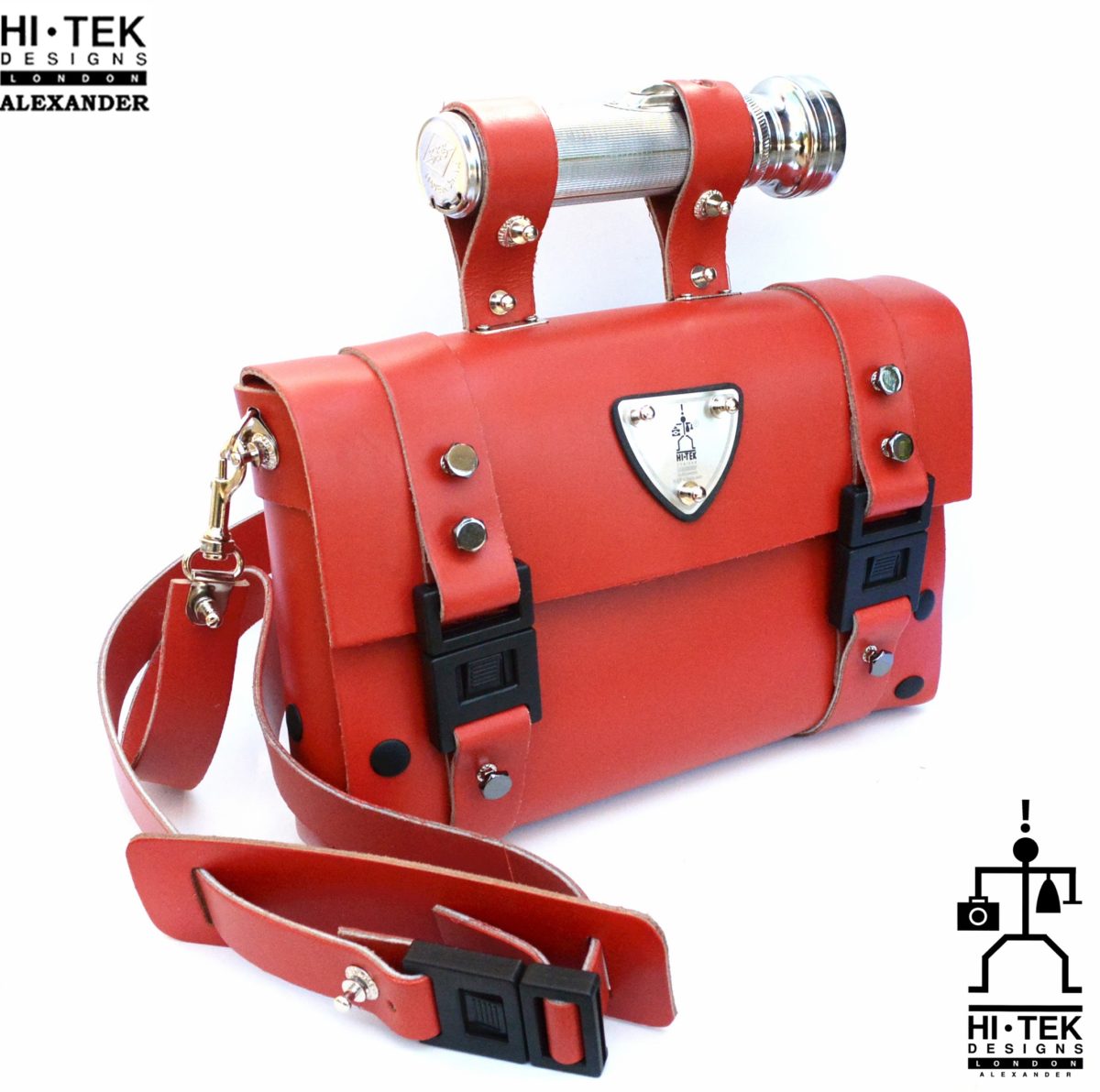 read leather shoulder bag, industrial design torch as handle, statement ...