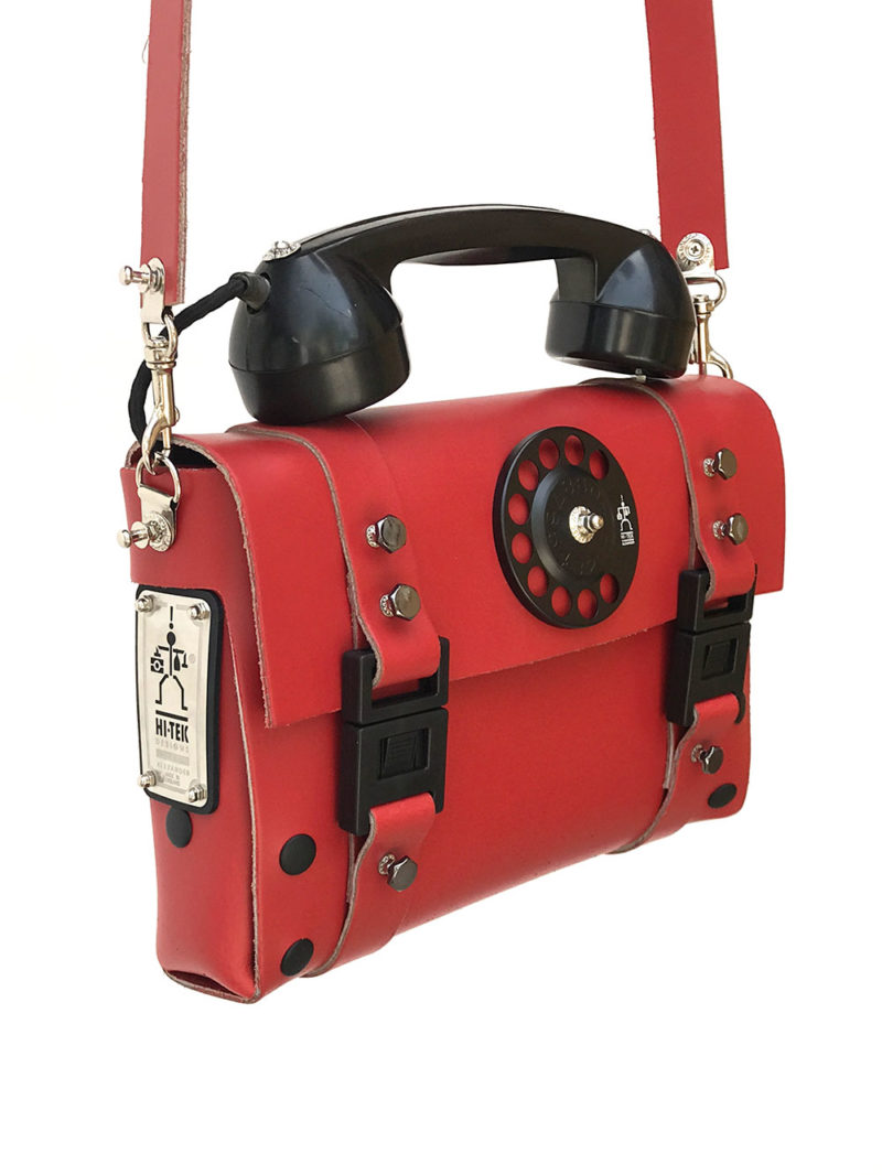 red leather shoulder bag with vintage telephone handset handle ...