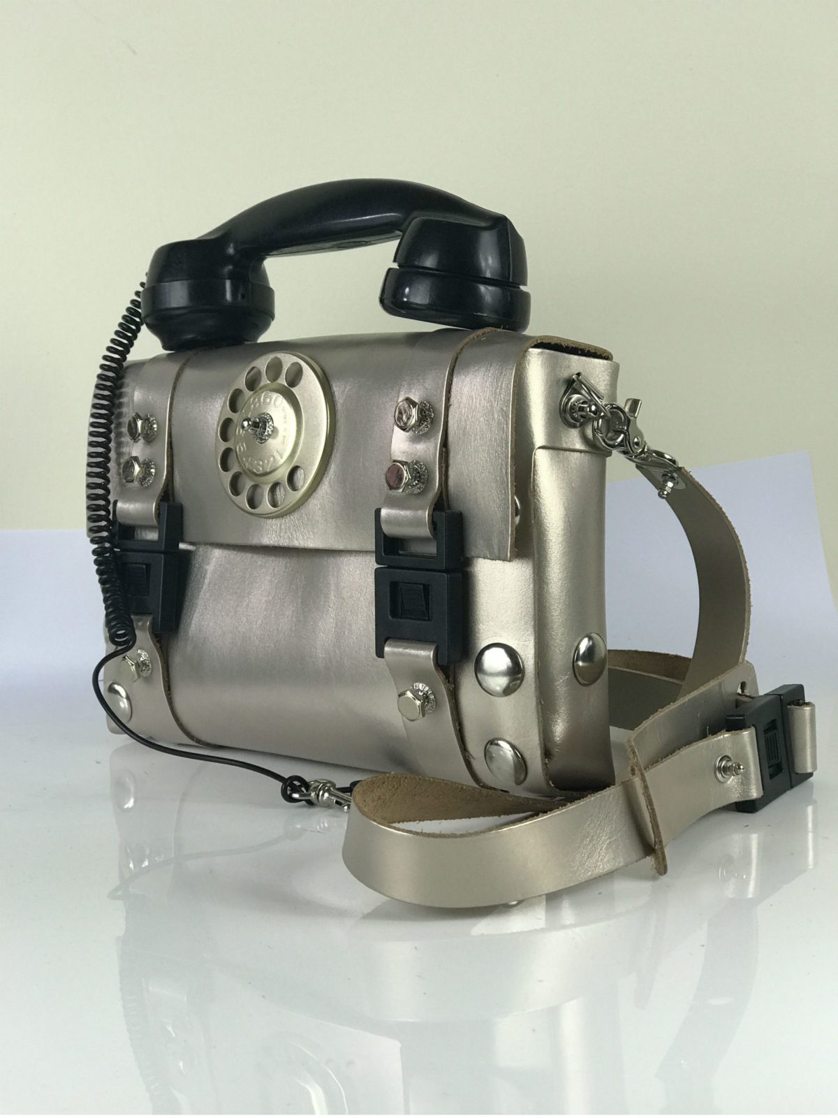 metallic leather shoulder bag platinum gold vintage Bakelite telephone ...